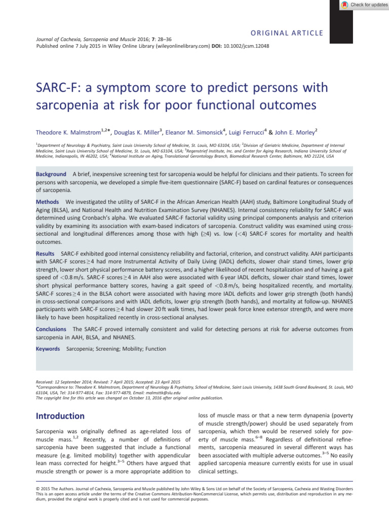 SARC-F a symptom score to predict persons withsarcopenia at risk for ...