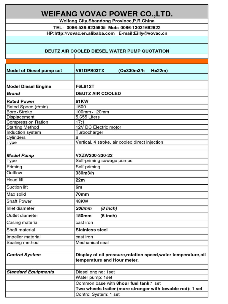 330m3 Diesel Water Pump Quotation | PDF | Technology & Engineering
