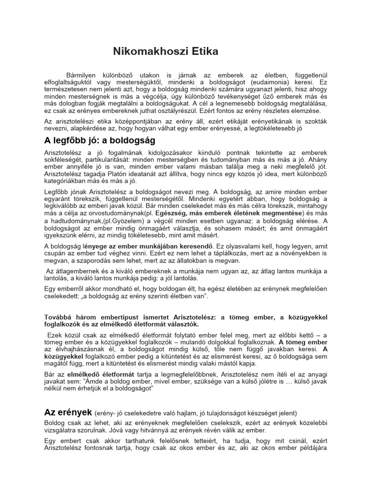 Nikomakhoszi Etika Jegyzet 1 | PDF