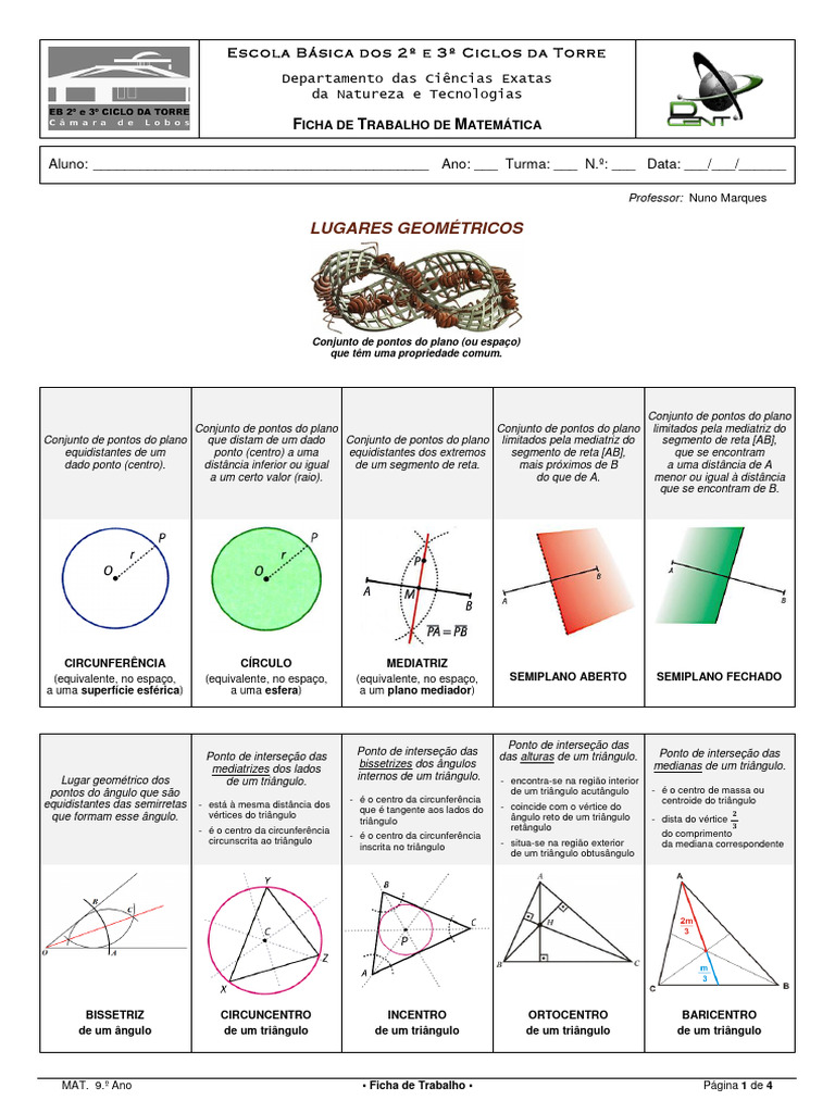 Lugares Geométricos: Ficha de Trabalho 9º Ano | PDF | Triângulo | Círculo