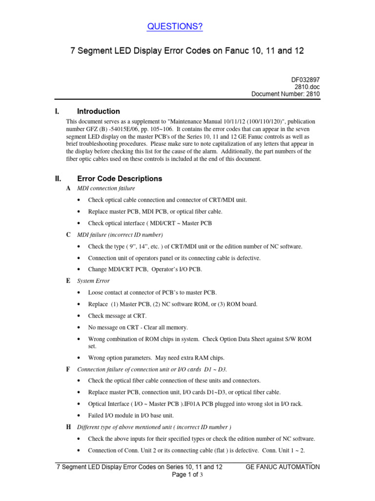 Fanuc 10/11/12 Error Codes Guide | PDF | Read Only Memory | Printed ...