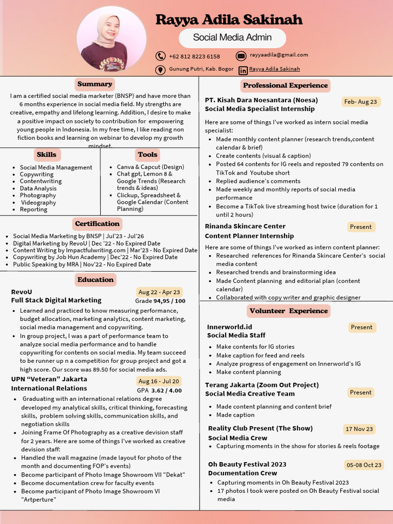 RayyaAdilaSakinah_CV-11 | PDF | Social Media | Popular Culture & Media Studies
