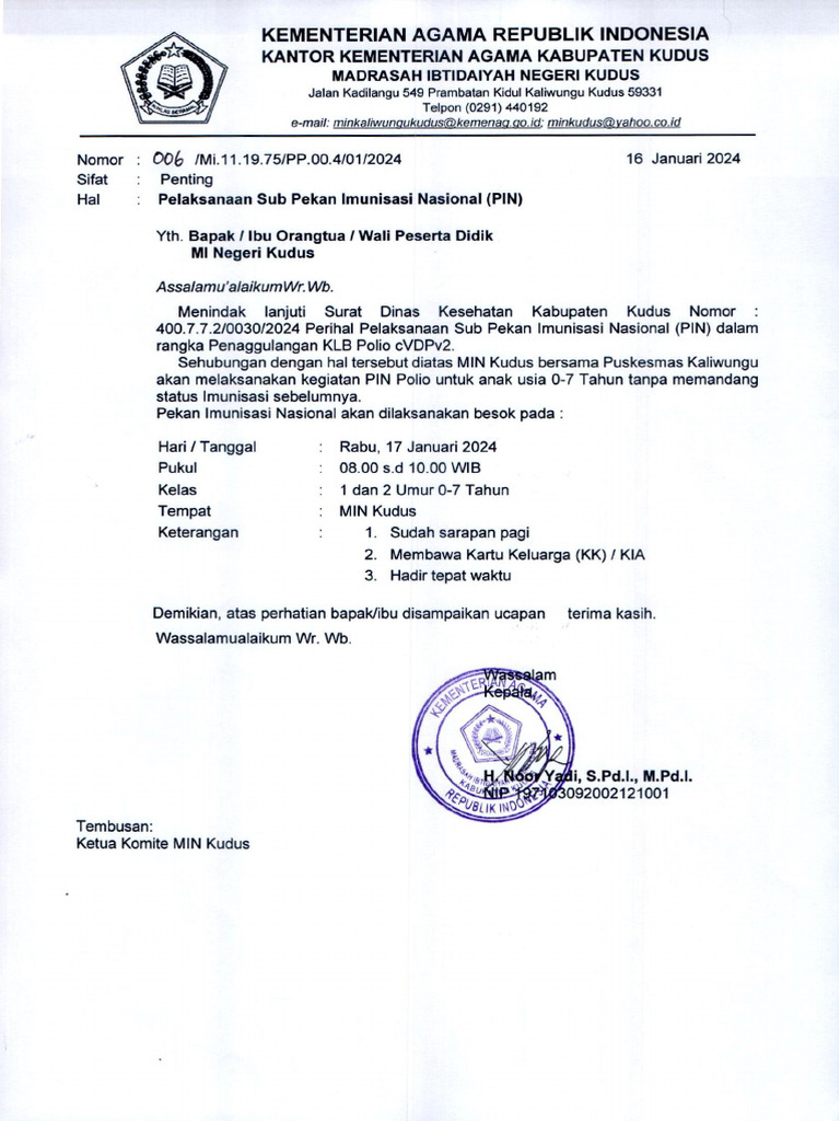 Edaran Pelaksanaan Imunisasi Pekan Nasional MIN Kudus | PDF