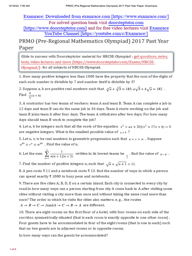 PRMO 2017 Past Paper | Download Free PDF | Circle | Numbers