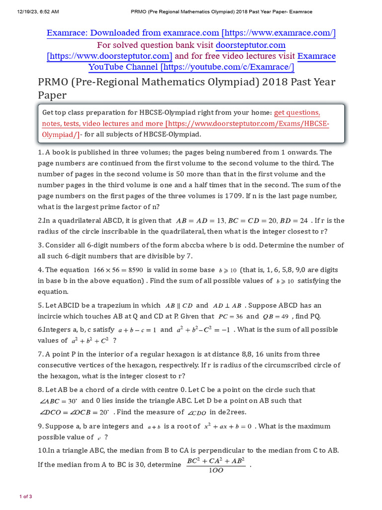 PRMO 2018 Past Paper | PDF | Circle | Triangle