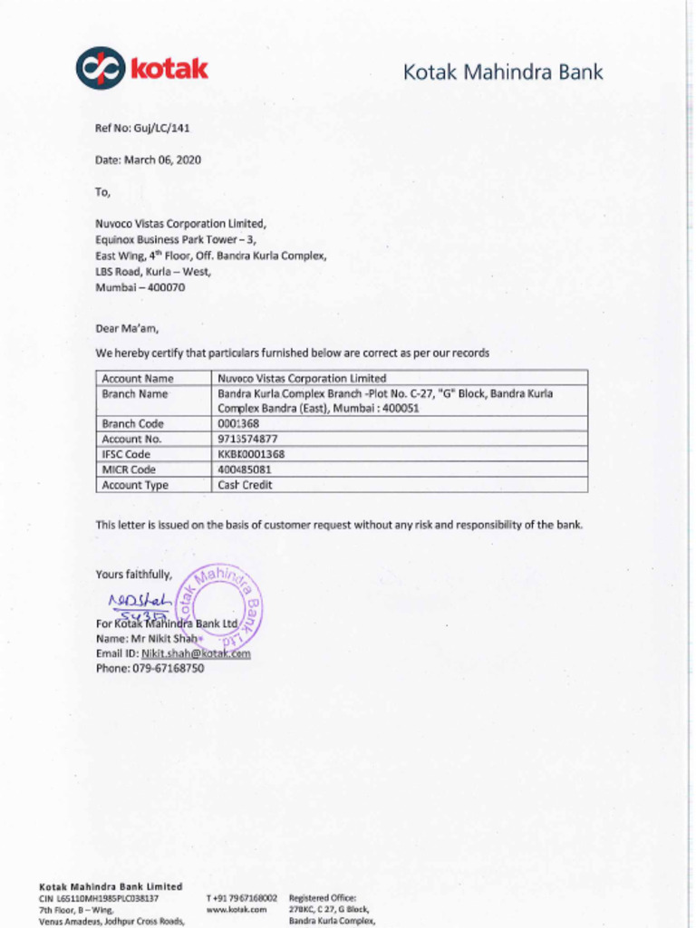 Kotak Bank Nuvoco - Account Certificate | PDF