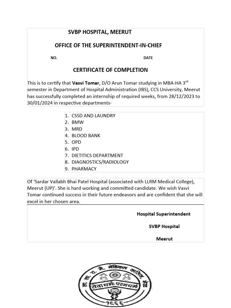 Internship Completion at SVBP Hospital | PDF
