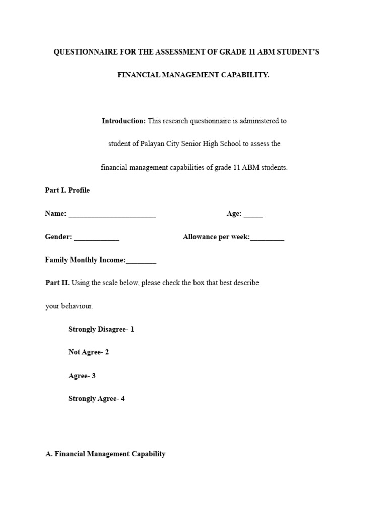Questionnaire For The Assessment of Grade 11 Abm Students | PDF
