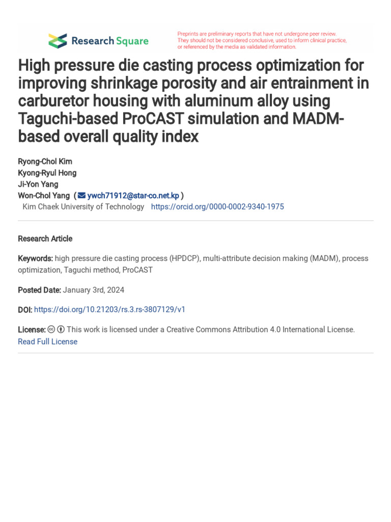 High Pressure Die Casting Process Optimization For | PDF