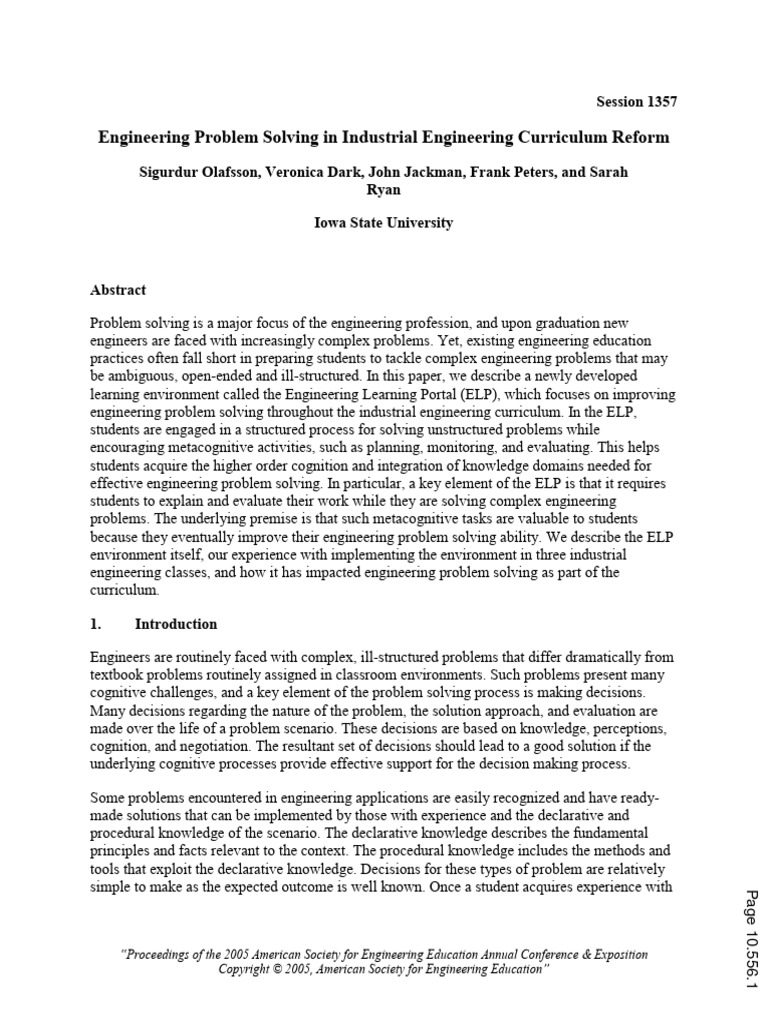 Engineering Problem Solving In Industrial Engineering Curriculum Reform Pdf Metacognition 
