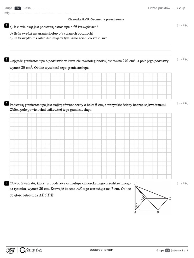 Klasówka 8.V.P. Geometria Przestrzenna Test (Z Widoczną Punktacją) | PDF