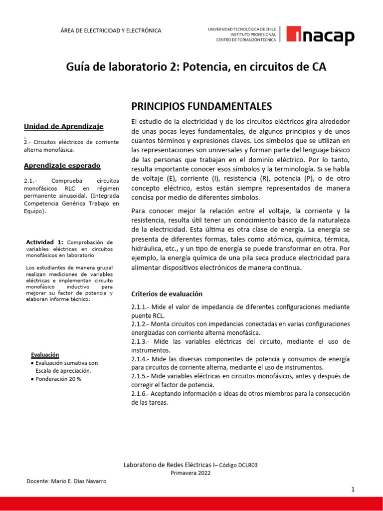 GUÍA DE LABORATORIO 2 - Potencia, en Circuitos de CA | PDF | Energia electrica | Impedancia ...
