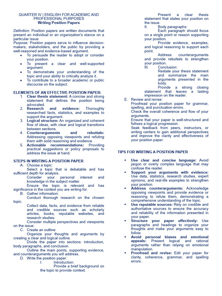 Q4-Lesson 2 - Writing Position Papers | PDF | Argument | Reason