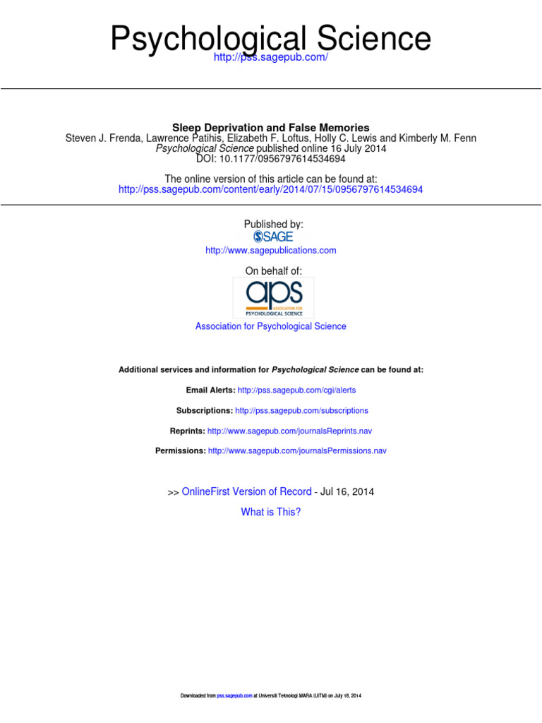 Sleep Deprivation and False Memories 2014 | PDF | Neuroscience | Psychology