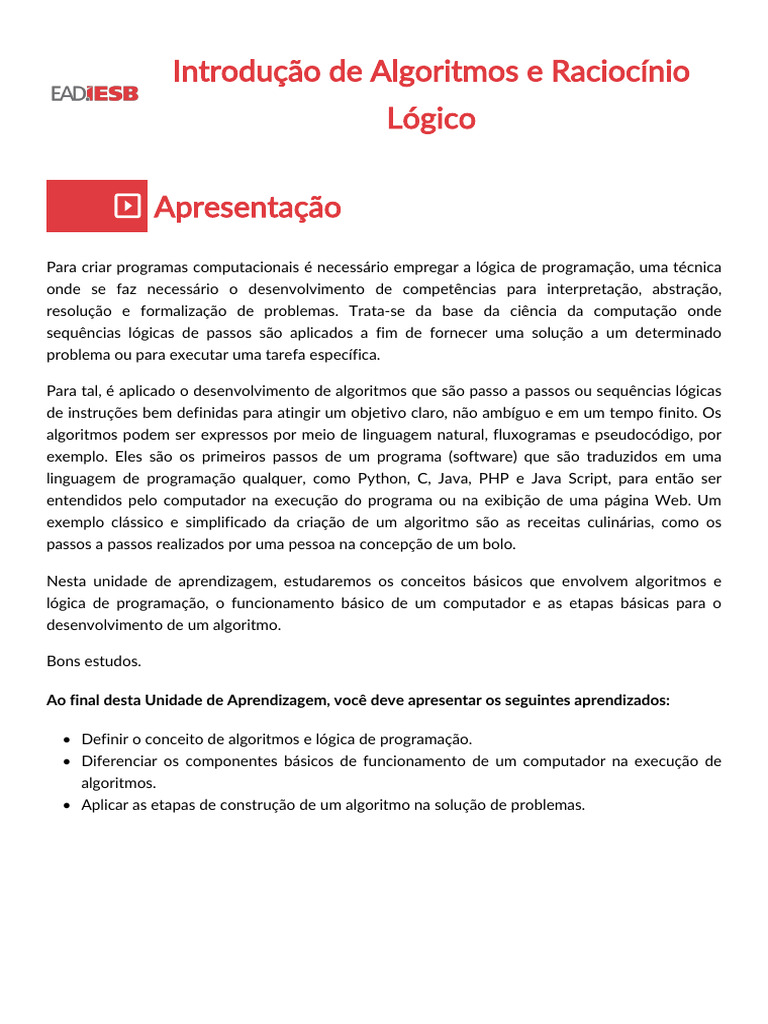 Algoritmos E Programação2 Pdf Algoritmos Lógica
