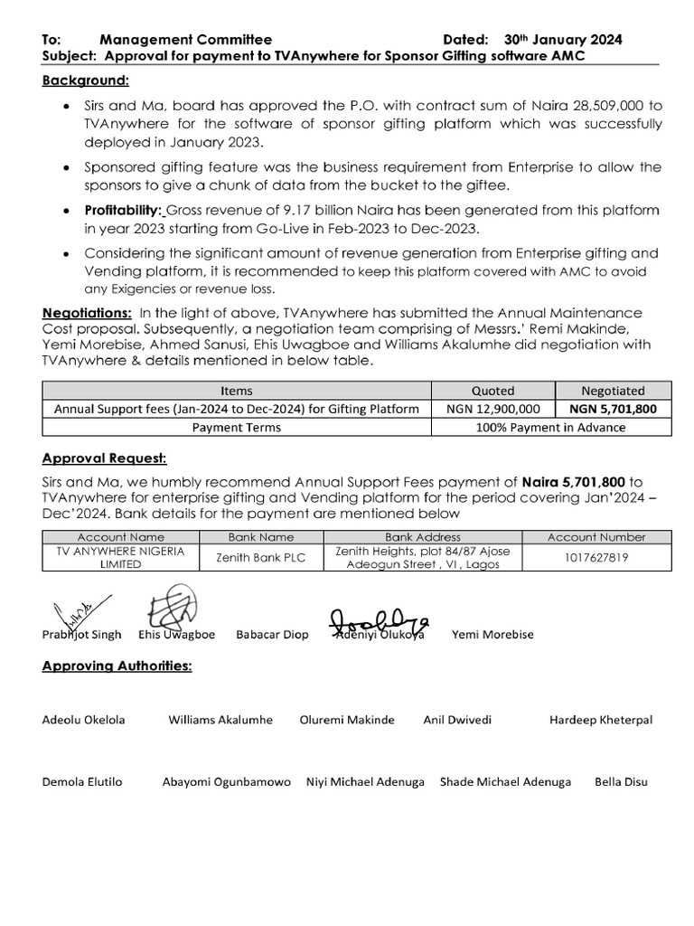 Approval For AMC Payment Sponsor Gifting | PDF