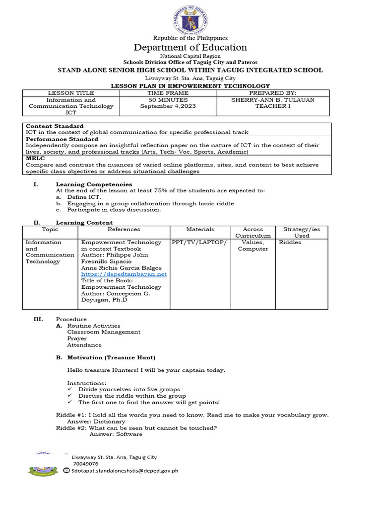 Semi Detailed Lesson Plan E Tech .Q1W2 | PDF | World Wide Web | Internet & Web