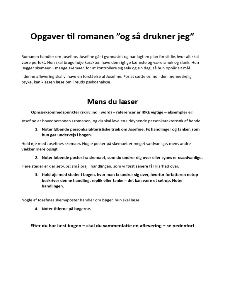 Opgaver Til Romanen Og Så Drukner Jeg | PDF