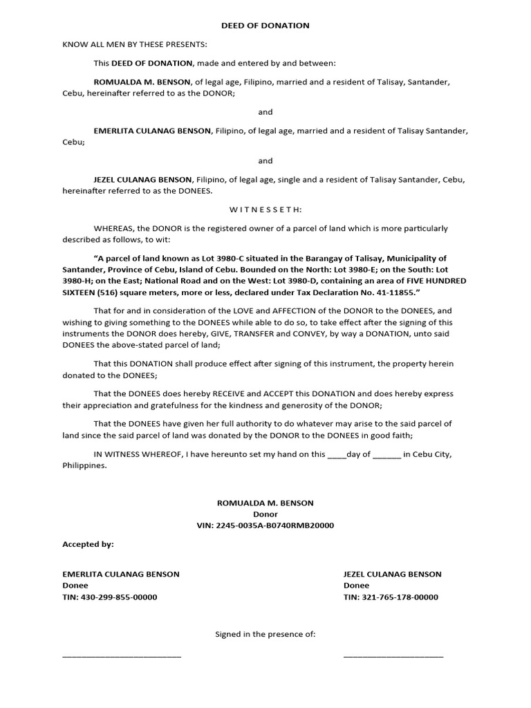 Deed of Donation | Download Free PDF | Land Lot | Real Property Law