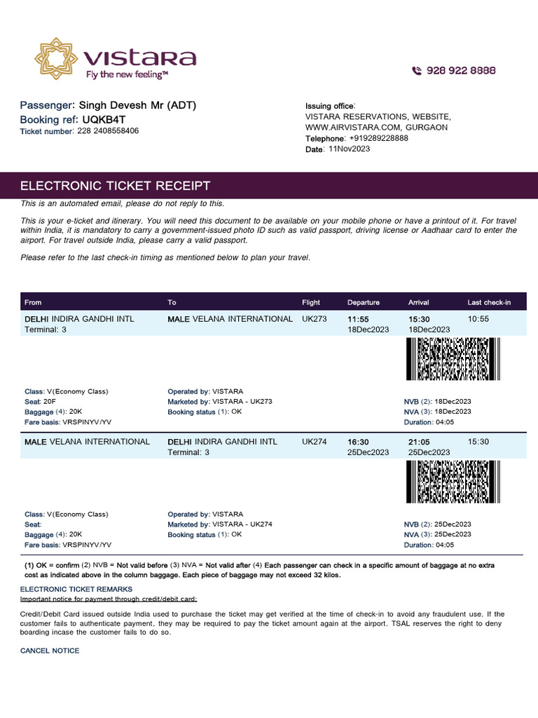 Vistara E-Ticket and Itinerary Details | PDF | Credit Card | Debit Card