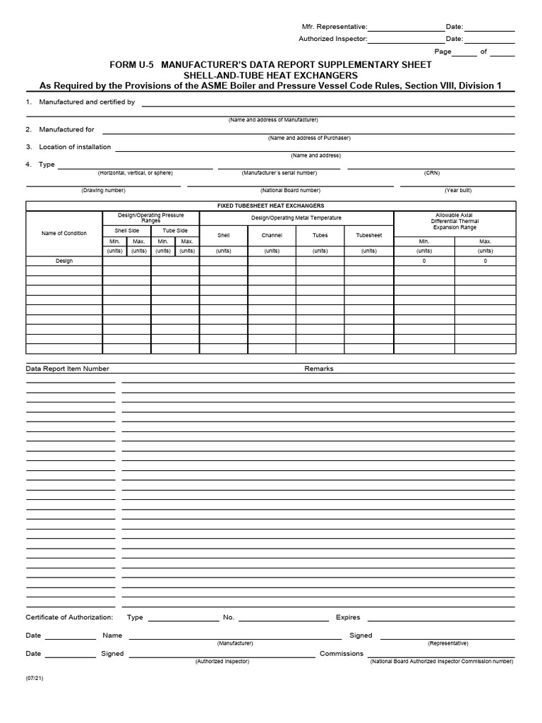 FORM U-5 MANUFACTURERS DATA REPORT SUPPLEMENTARY SHEET SHELL AND TUBE ...