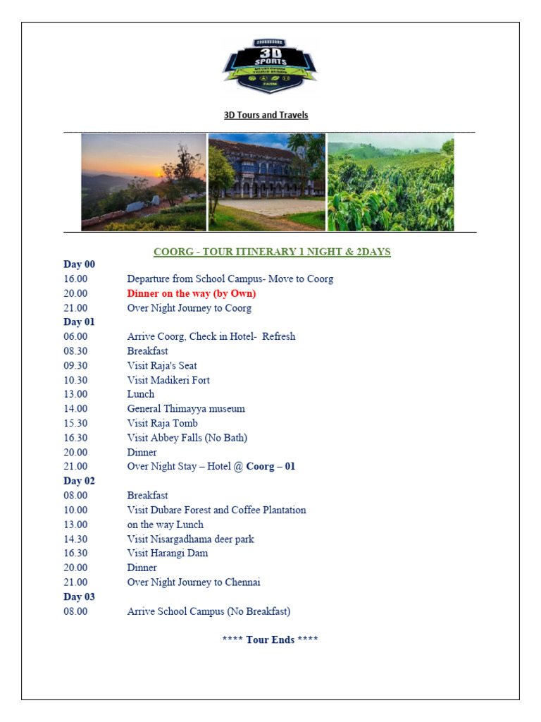 Coorg Tour Plan | PDF