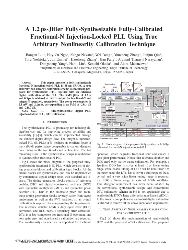 A 1.2ps-Jitter Fully-Synthesizable Fully-Calibrated Fractional-N Injection-Locked PLL Using True ...
