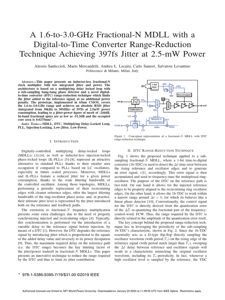 A 1 6 To 3 0 Ghz Fractional N Mdll With A Digital To Time Converter Range Reduction Technique