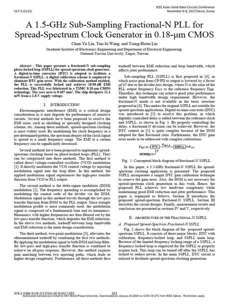 A 1 5 Ghz Sub Sampling Fractional N Pll For Spread Spectrum Clock Generator In 0 18 M Cmos Pdf
