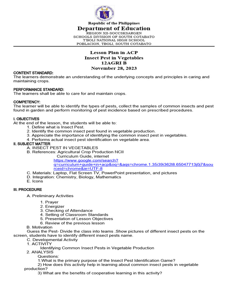 Insect Pests in Vegetables Lesson Plan | PDF | Pest (Organism) | Insects