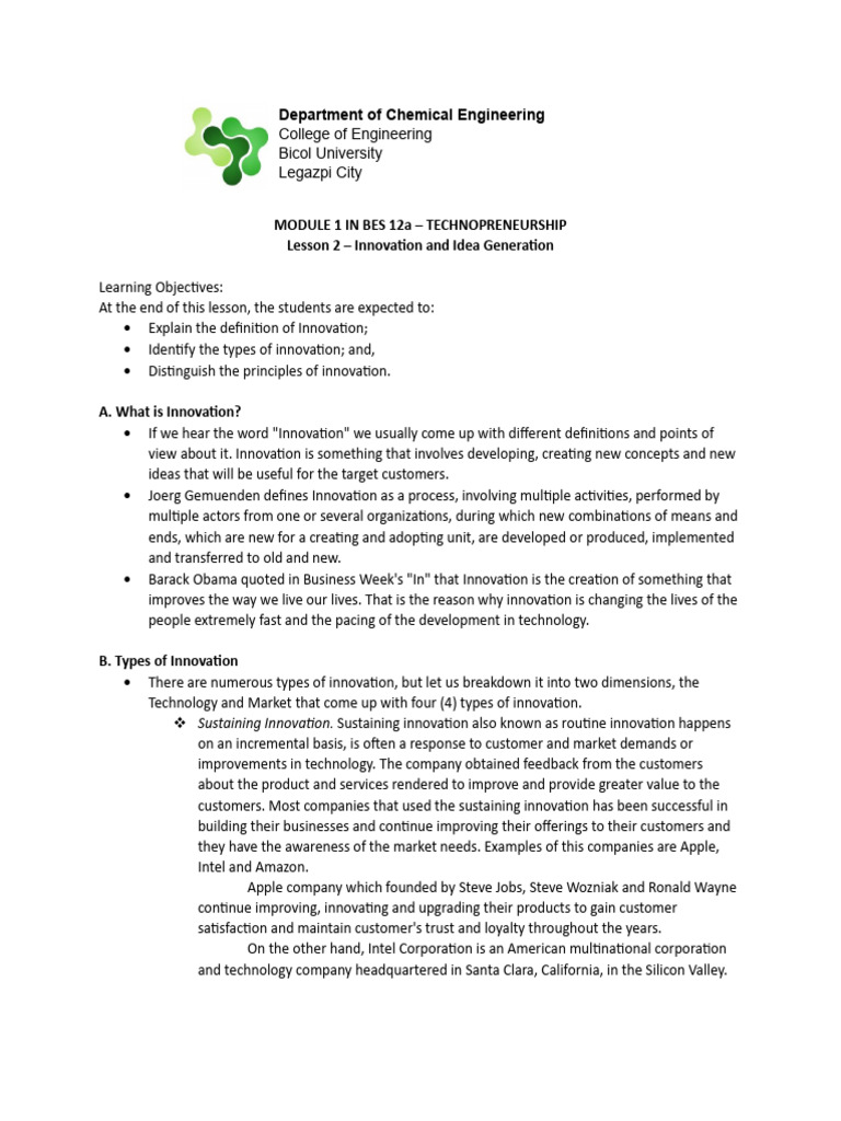 MODULE 1 in BES 12a Lesson 2 - Innovation and Idea Generation | PDF | Innovation | Disruptive ...