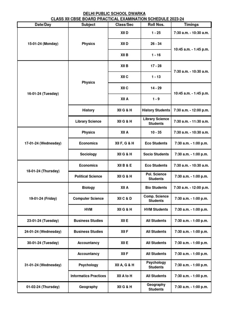 Cbse Board Practical Schedule For Class Xii | PDF | Science