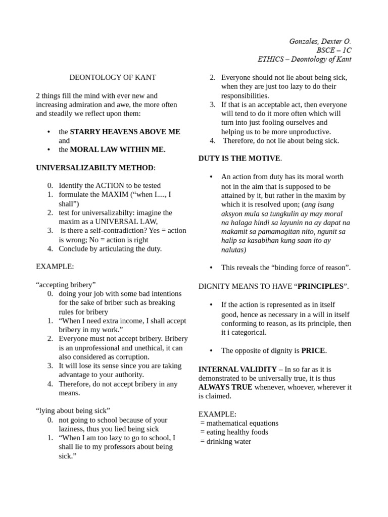 Deontology of Kant - Reviewer | PDF | Immanuel Kant | Philosophical Theories