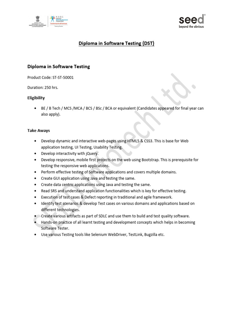 Diploma in Software Testing DST - Job Oriented Program - SEED | PDF ... Diploma in Software Testing DST - Job Oriented Program - SEED | PDF ...