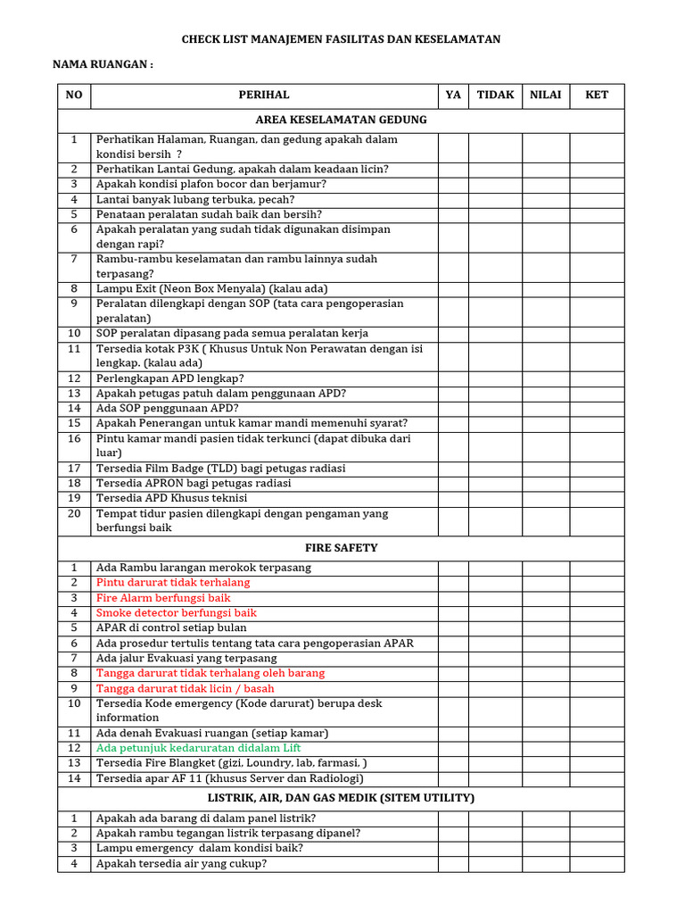Checklist Manajemen Fasilitas & Keselamatan | PDF