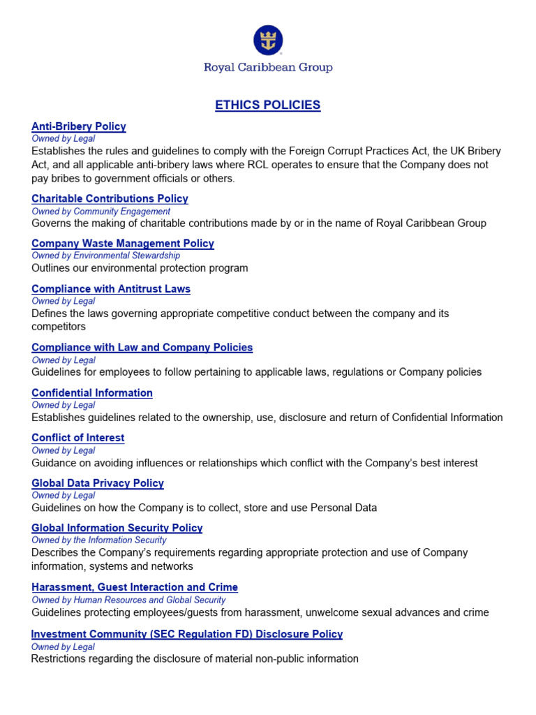 Royal Caribbean Group Ethics Policies | PDF | Charitable Organization | Bribery
