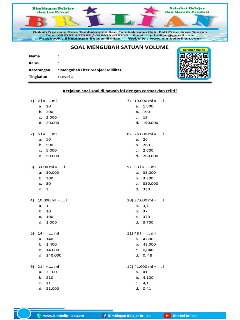 Soal Mengubah Satuan Liter Dan Mililiter Level 1 | PDF