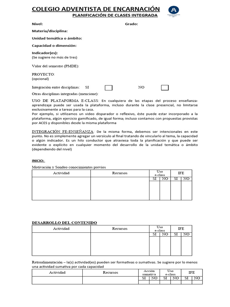 MODELO PLANIFICACIÓN INTEGRADA de Eclass | PDF | Planificación | Aprendizaje
