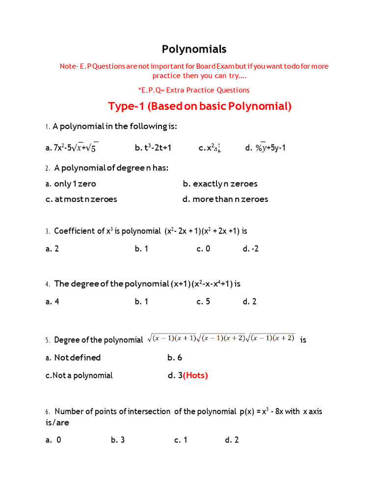 Polynomials Revision Tracker STD | PDF | Zero Of A Function | Quadratic ...