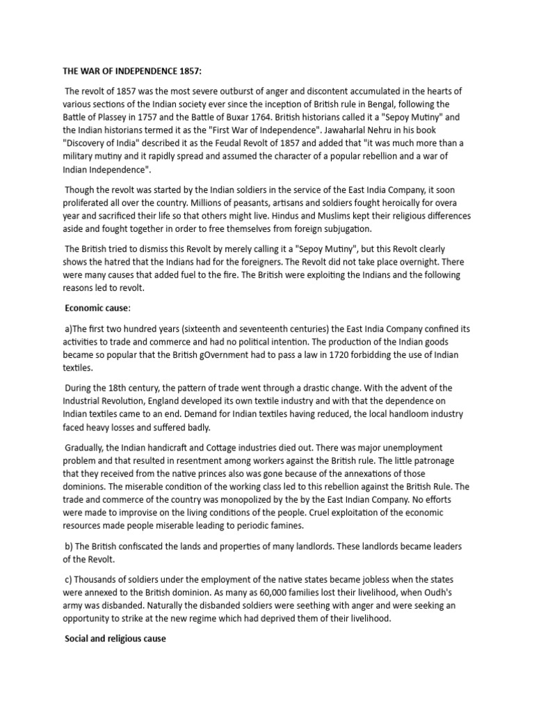 War of Independence Notes | PDF | Indian Rebellion Of 1857 | British Raj