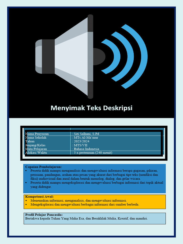 Modul Ajar BINDO Klas 7 Bab 1 Teks Deskripsi | PDF