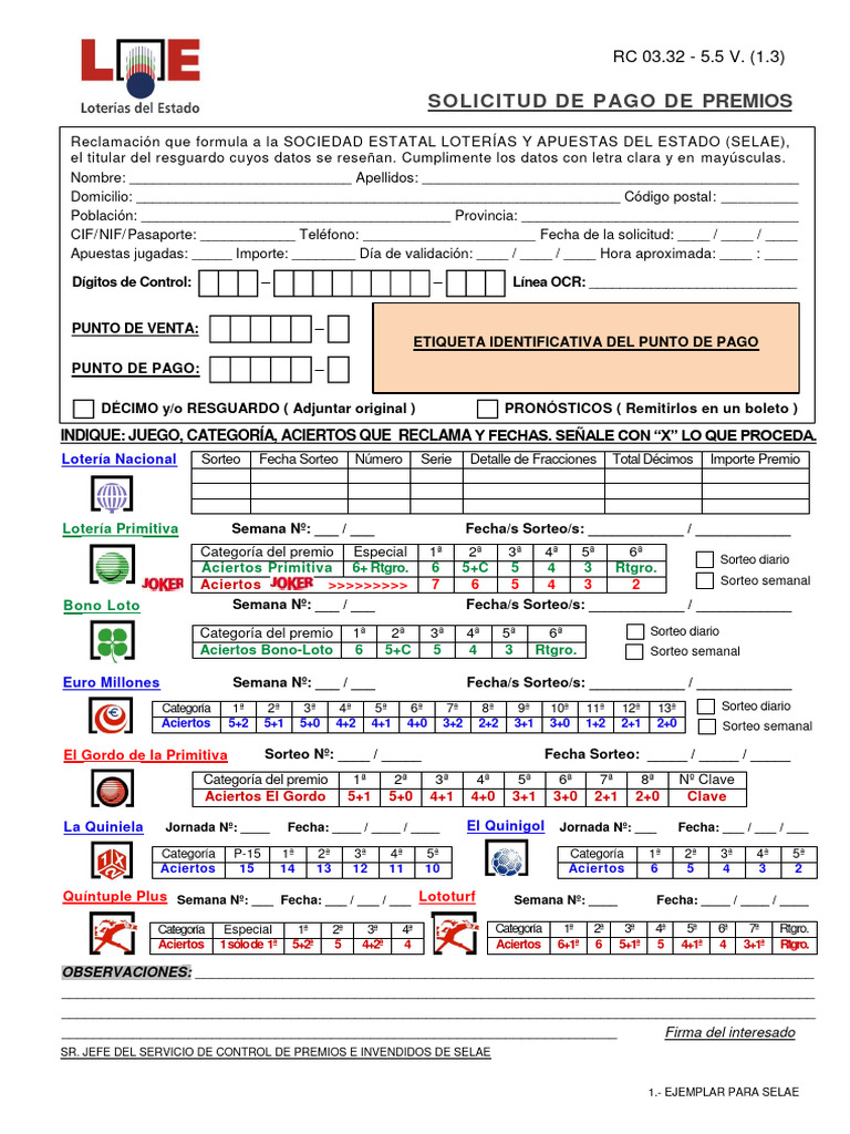 Solicitud Pago de Premios | Descargar gratis PDF | Juegos de azar | Juego
