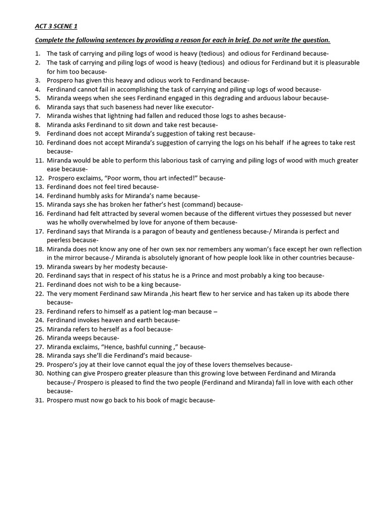 Act 3 Scene 1 Complete The Following Sentences by Providing A Reason ...
