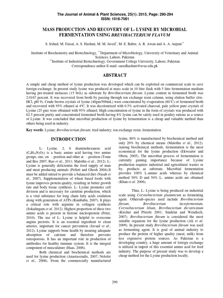 Mass Production and Recovery of L-Lysine by Microbial Fermentation ...