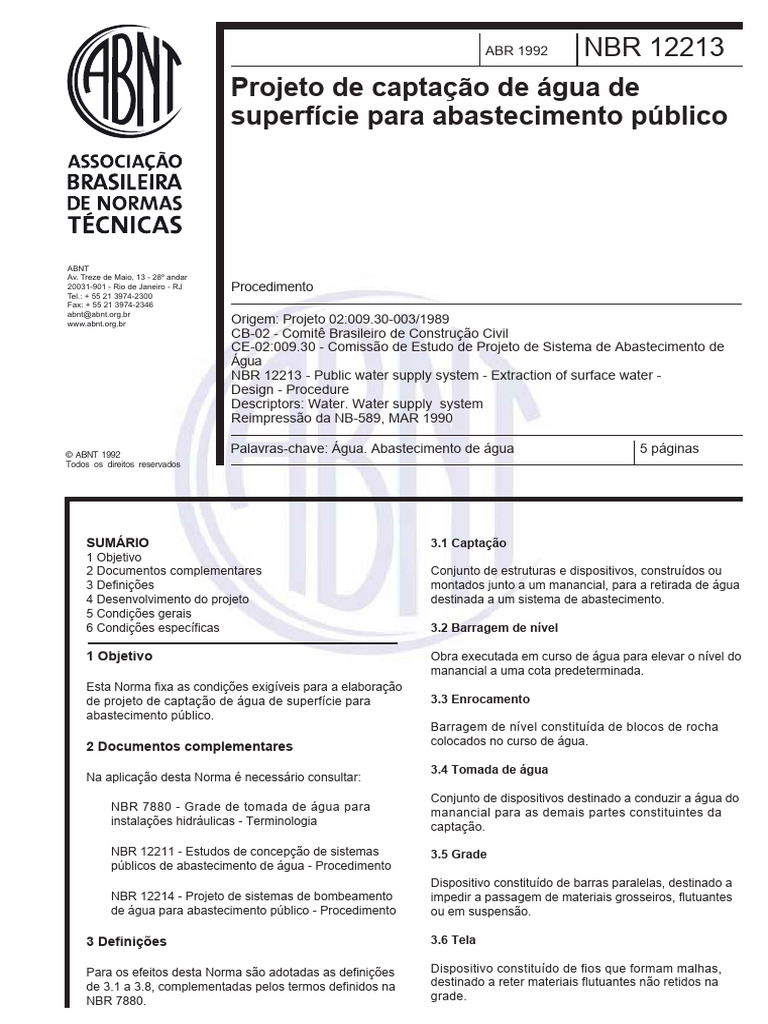 NBR 12213 1992 - Proj Capt Água Superf para Abast Público | PDF