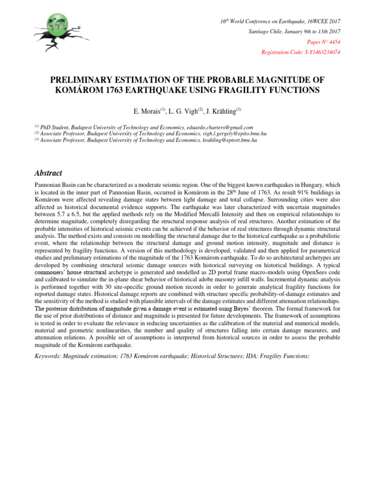MORAIS et al (2017) Preliminary Estimation of the Probable Magnitude of Komárom 1763 Earthquake ...