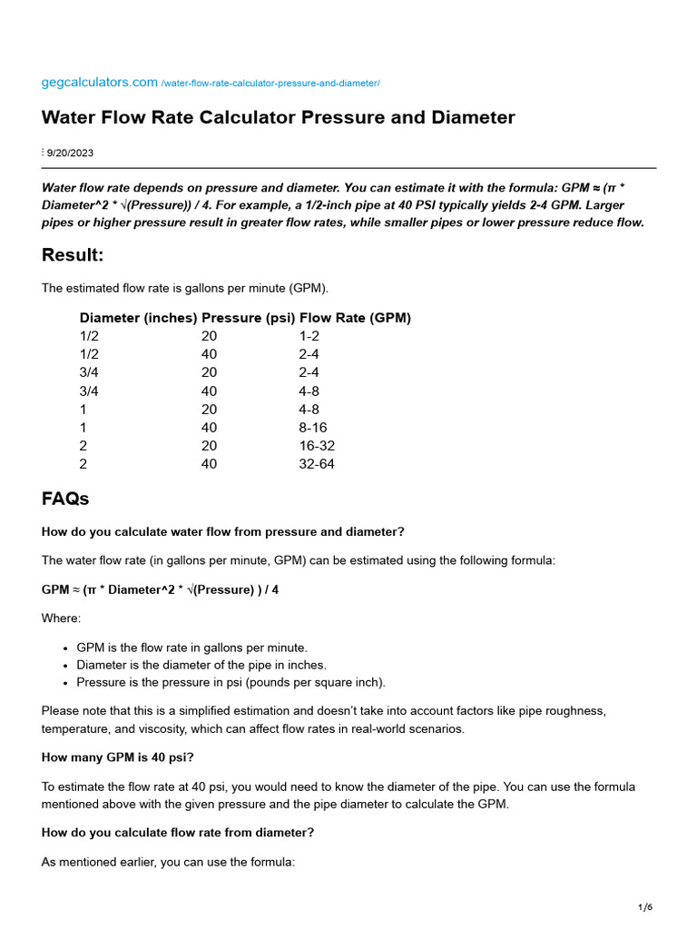 Water Flow Rate Calculator Pressure and Diameter | PDF | Flow ...