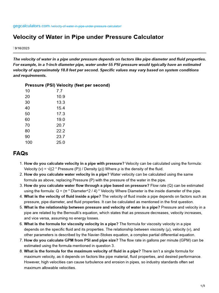 Velocity of Water in Pipe Under Pressure Calculator | PDF | Fluid ...
