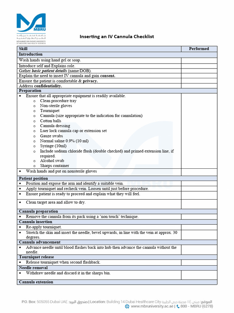 IV Cannulation Checklist | PDF