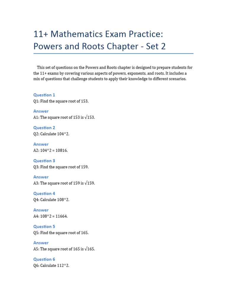 Square Root Practice for 11+ Exams | PDF